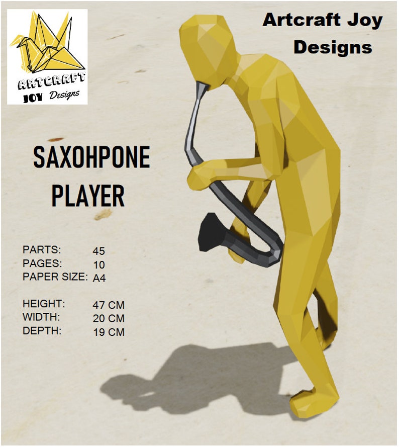PAPERCRAFT 3D Sculpture SAXOPHONE PLAYER Pepakura Pdf Template Low Poly ...