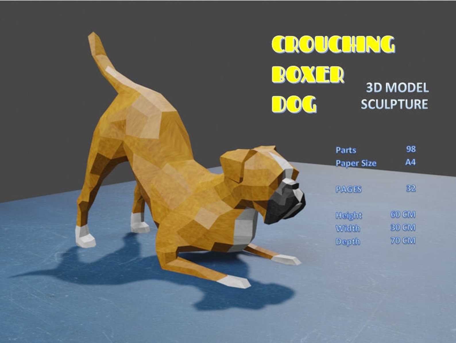 BOXER DOG Crouch Papercraft 3D SCULPTURE Pepakura Pdf Template Low ...