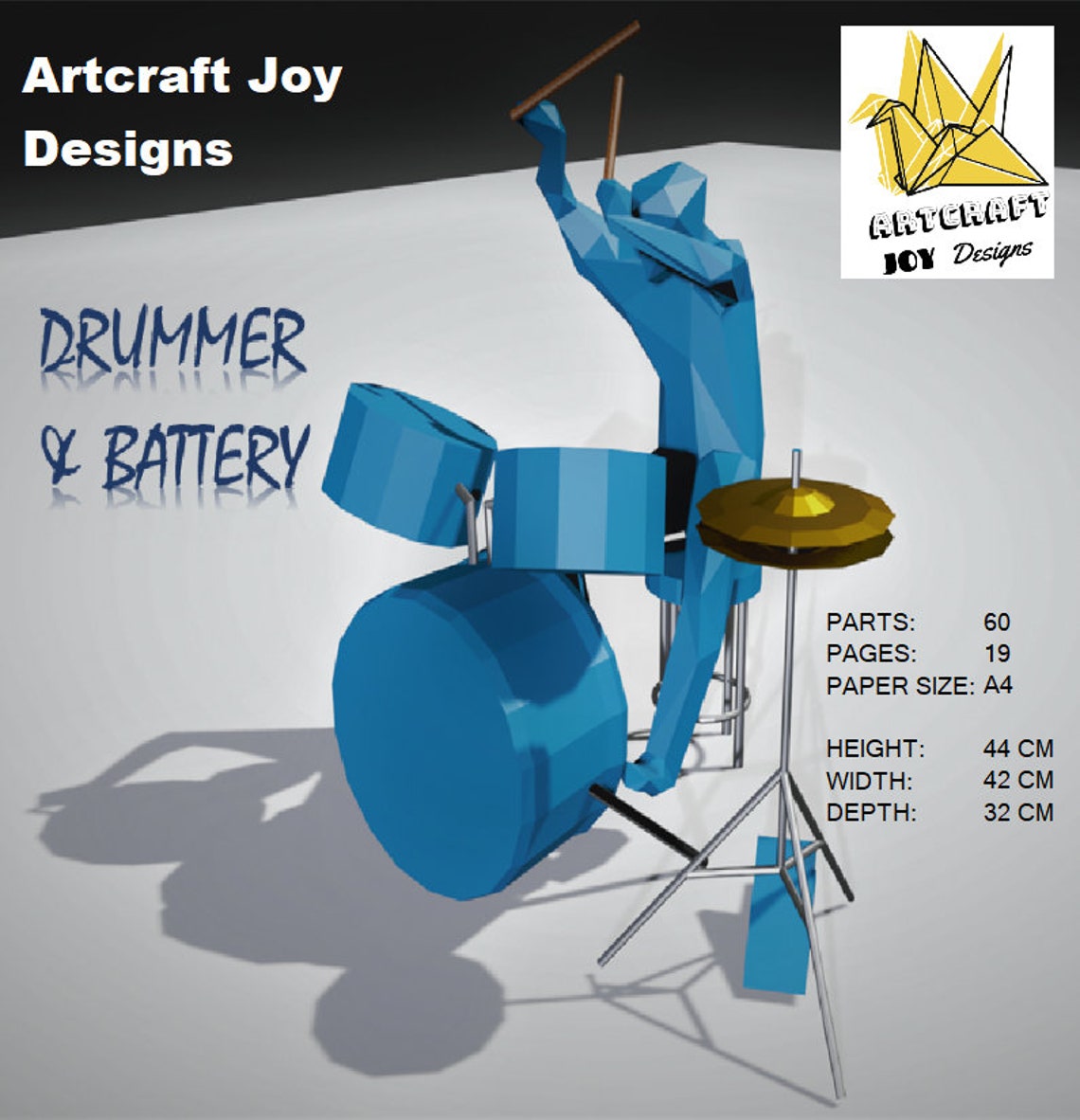 DRUMMER BATTERY PAPERCRAFT 3D Sculpture - Pepakura Pdf Template Low ...