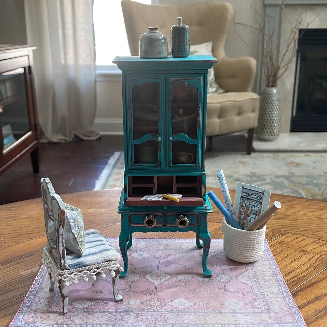 Miniature Dollhouse Vintage Secretary Desk in Bright Teal With Custom ...