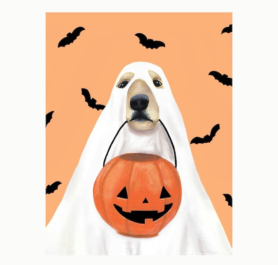 Halloween Ghost Dog Costume With Pumpkin Basket Painting Print Matte Glossy Etsy