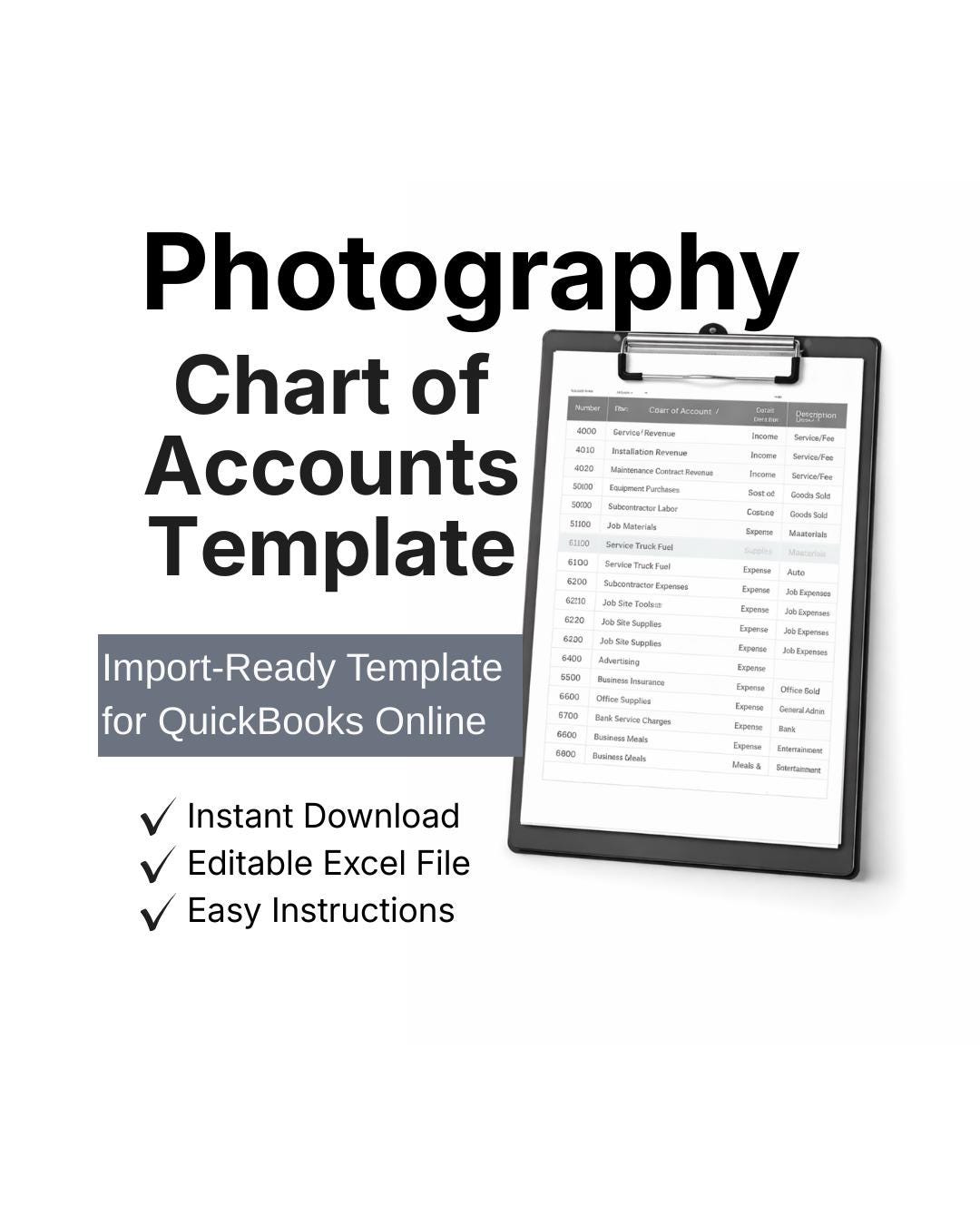 Modèle de plan comptable de photographie pour QuickBooks | COA du ...