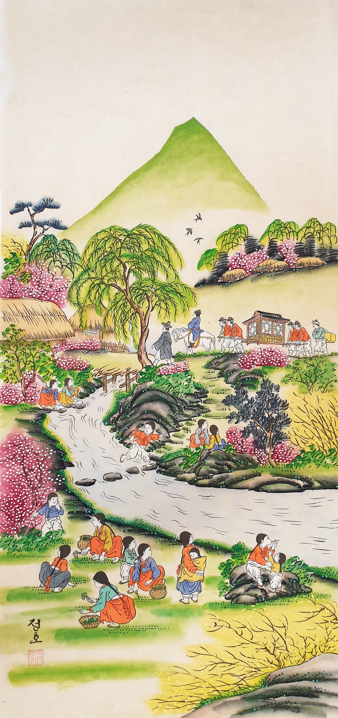 Korean Spring Landscape Painting, Traditional Folk Art (13x27.55 Inch ...