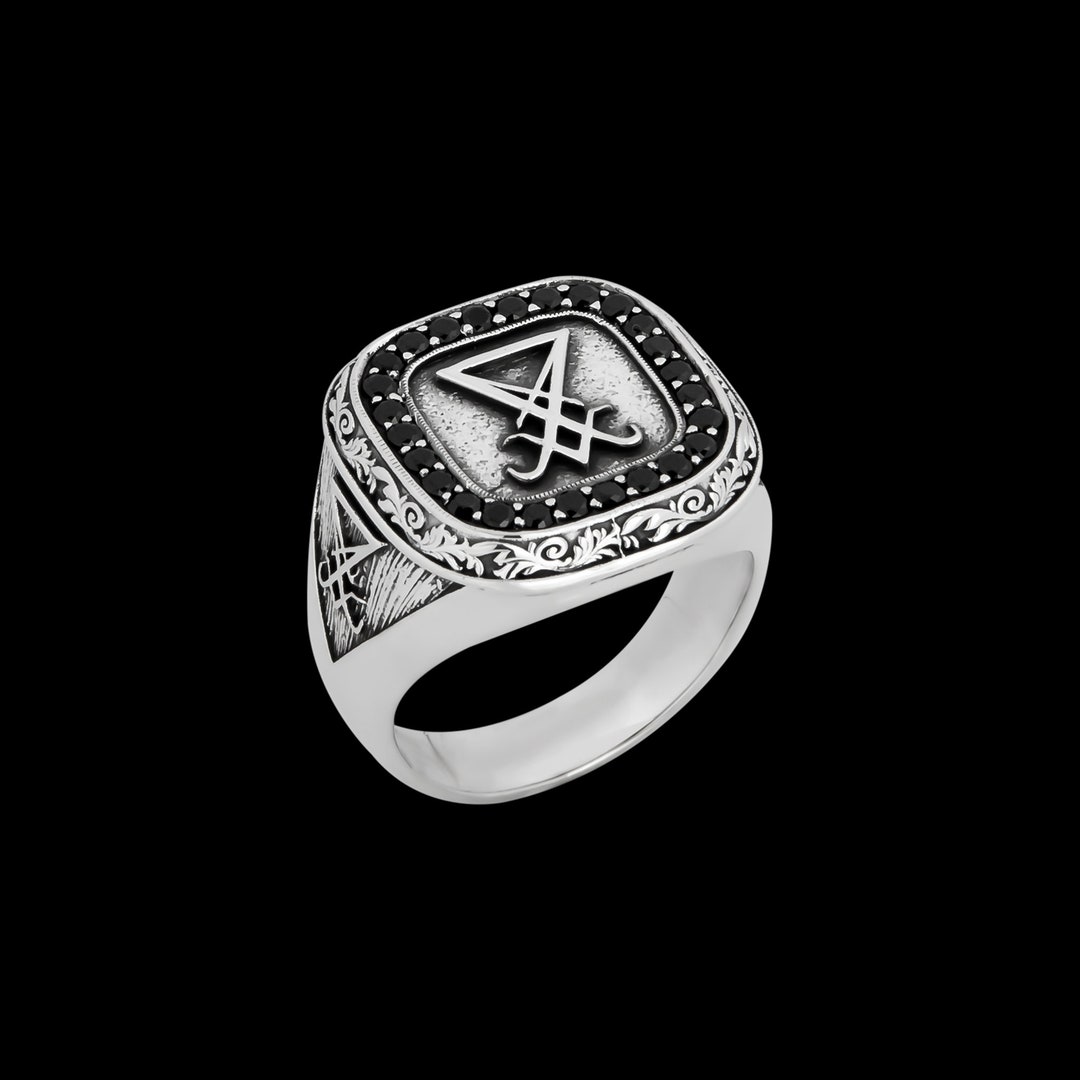 Silver Sigil of Lucifer Ring Surrounded by Onyx, Seal of Satan Ring ...