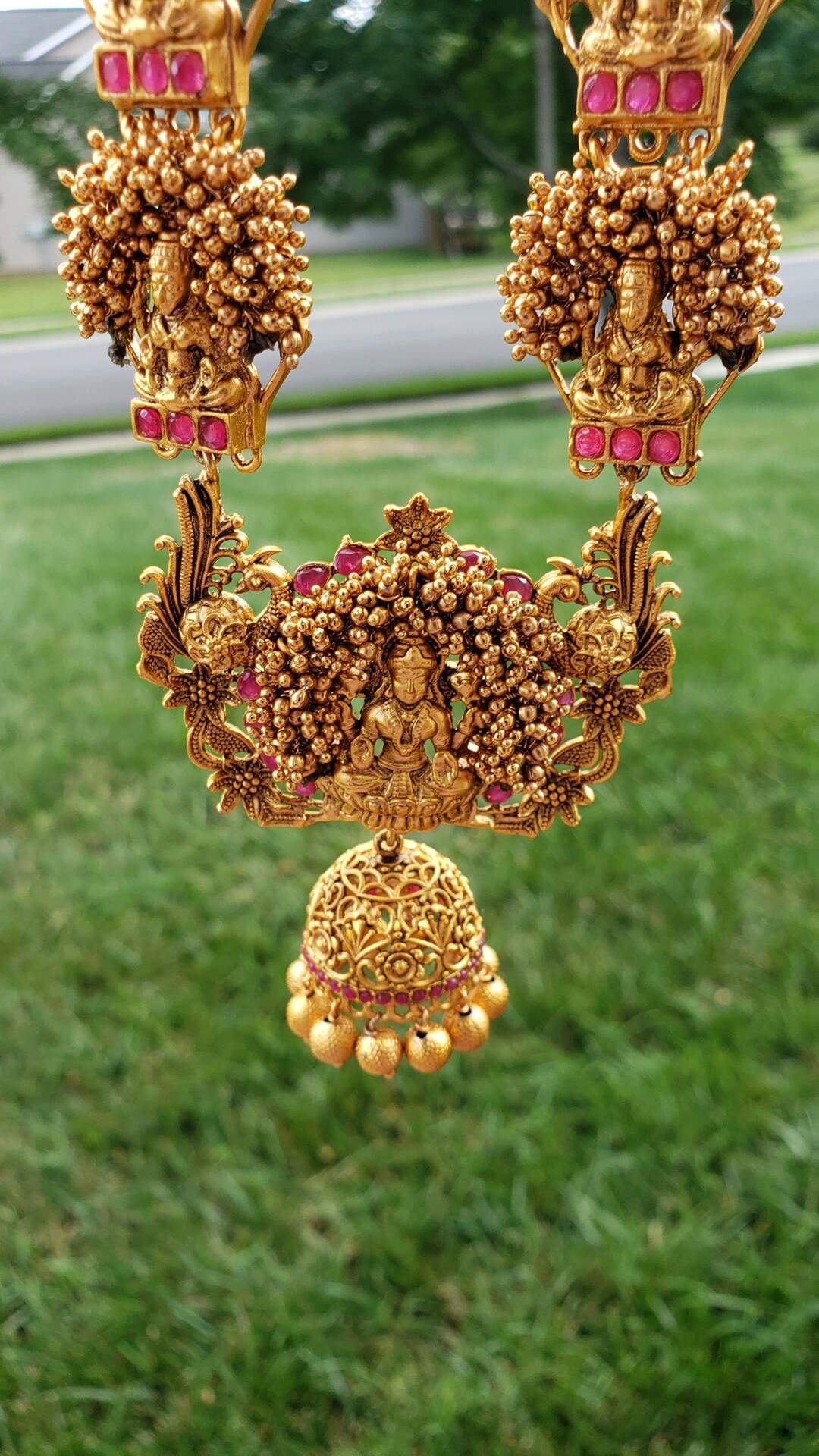 Long Haar Lakshmi Antique Gold Haar Ruby Red Stone Bridal Jhumka ...