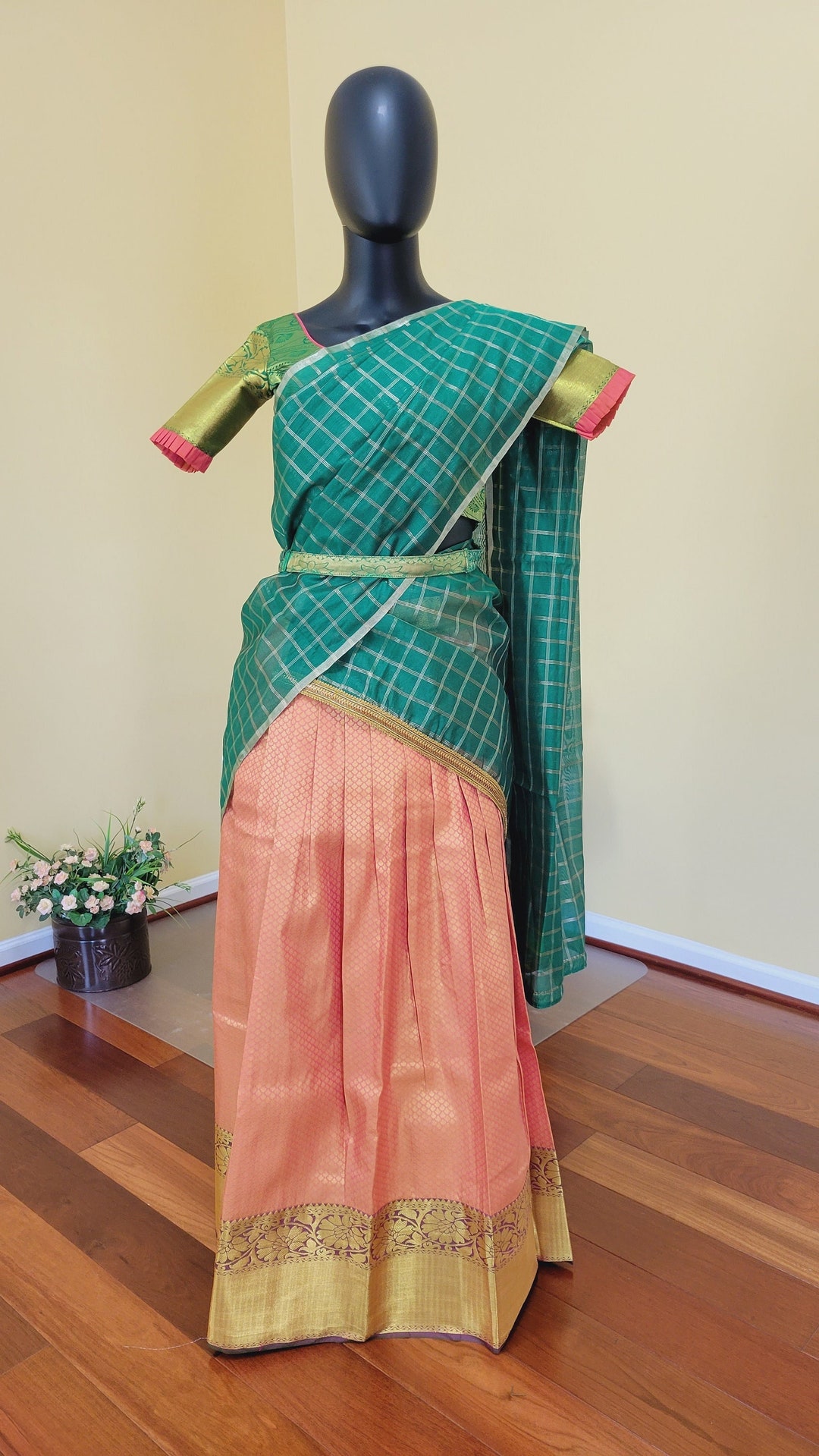 Peach With Dark Green Gold Jari Bridal Half Saree Blouse Size 34 ...