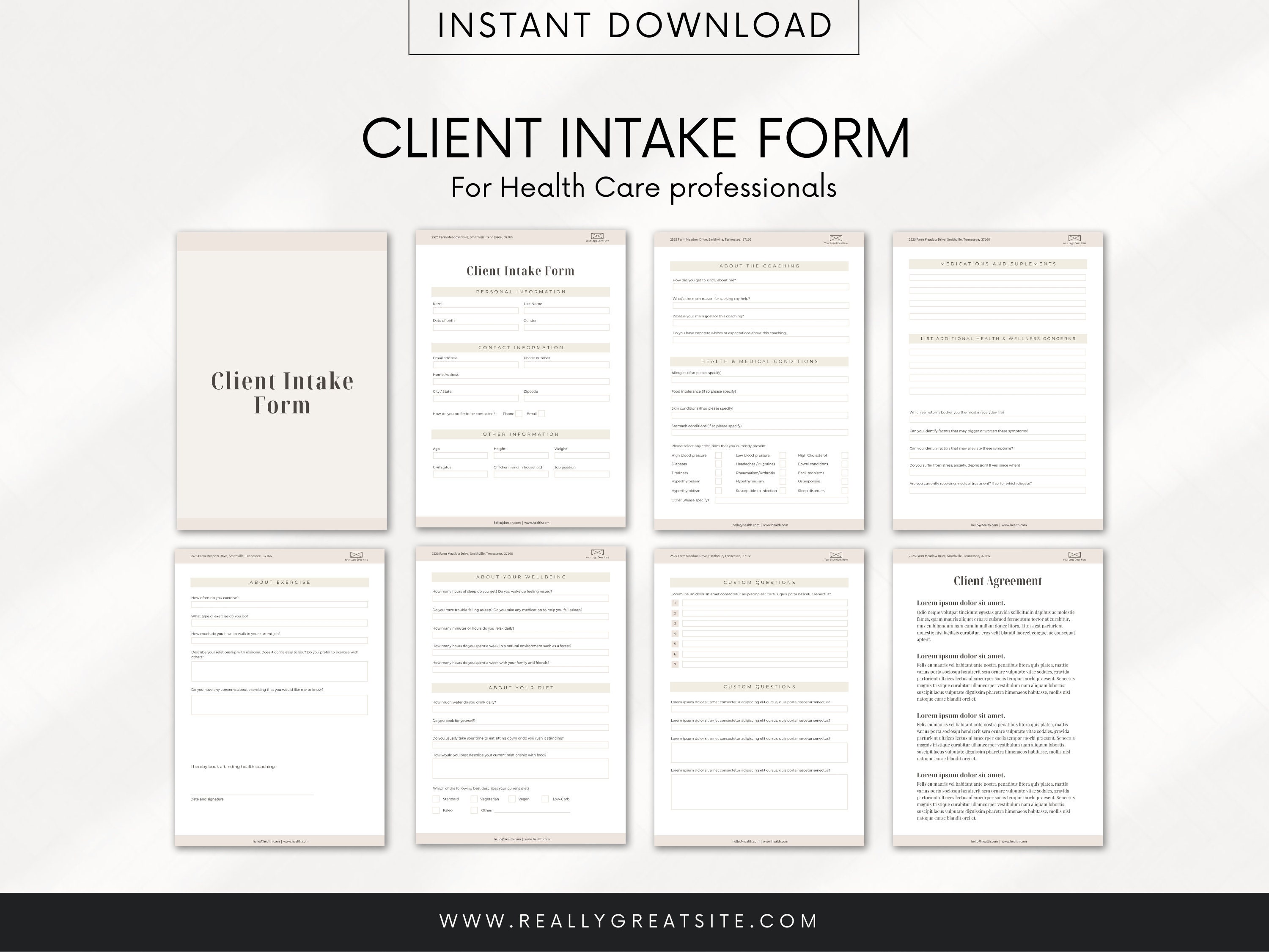 Client Intake Form Health History Form Patient Information Form Initial ...