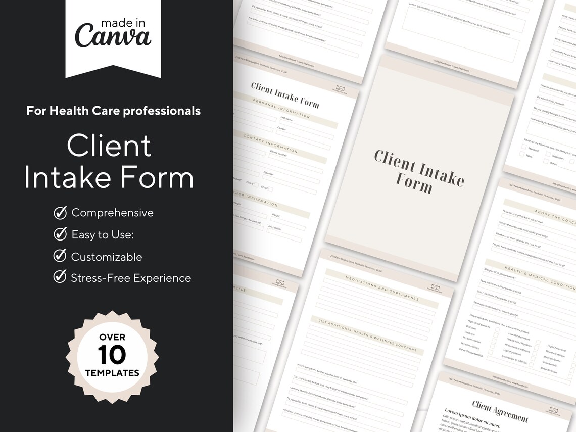 Client Intake Form Health History Form Patient Information Form Initial ...