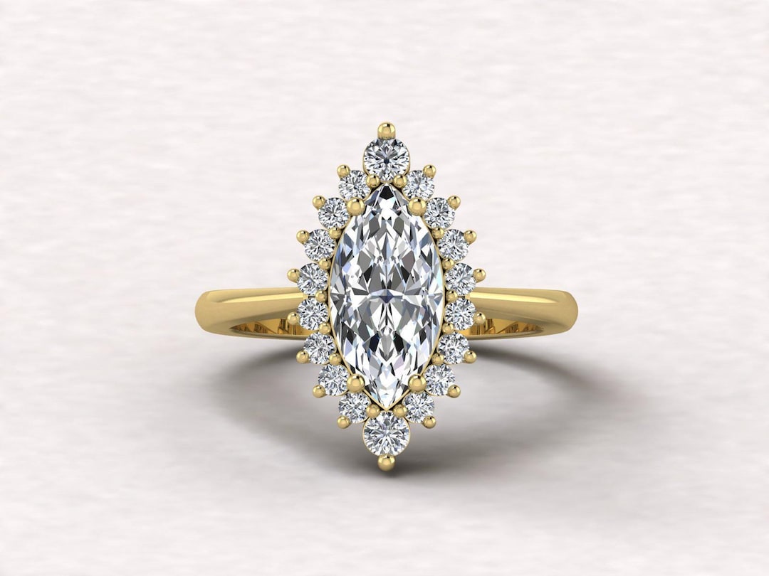 Marquise Halo Engagement Ring Marquise Cut Diamond Proposal Ring Starburst Marquise Diamond Ring ...