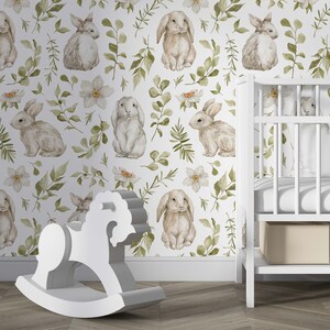 Cute Bunnies Nursery Wallpaper Pastel Colors Wall Décor DIY | Etsy