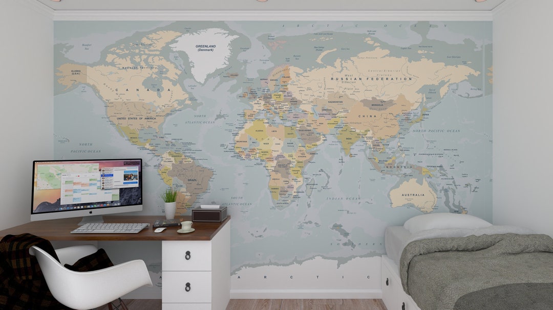 Worldmap Mural, Worldmap Wallpaper, Map of the World, DIY Peel and ...