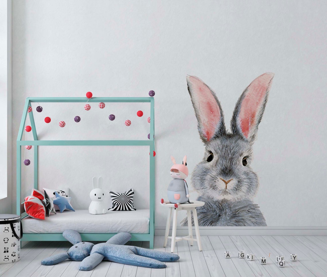 Big Watercolor Rabbit Wall Mural for Nursery Décor in Peel and - Etsy