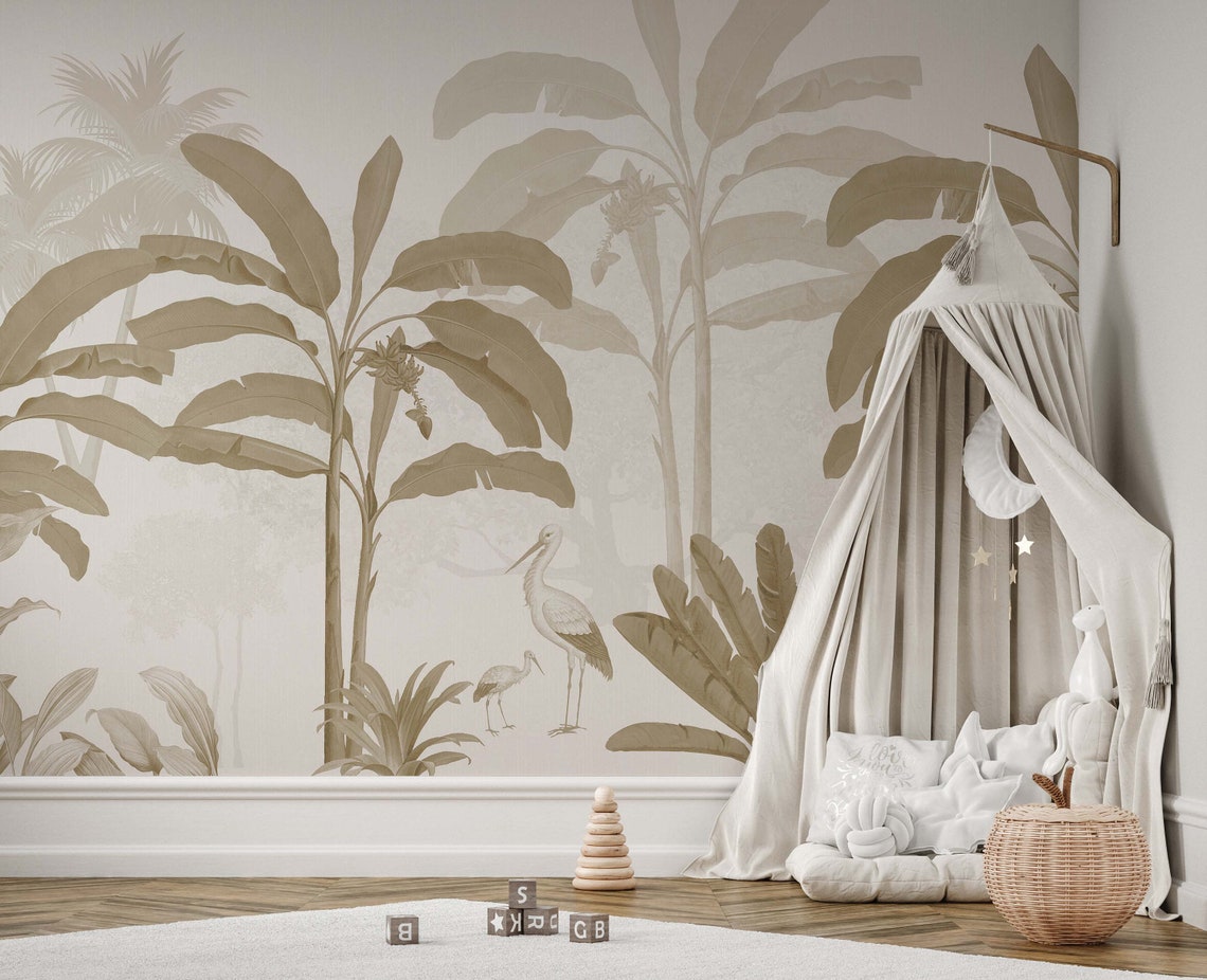 Sepia Tropical Wallpaper Mural for a Nursery Bedroom Decor. Peel and ...