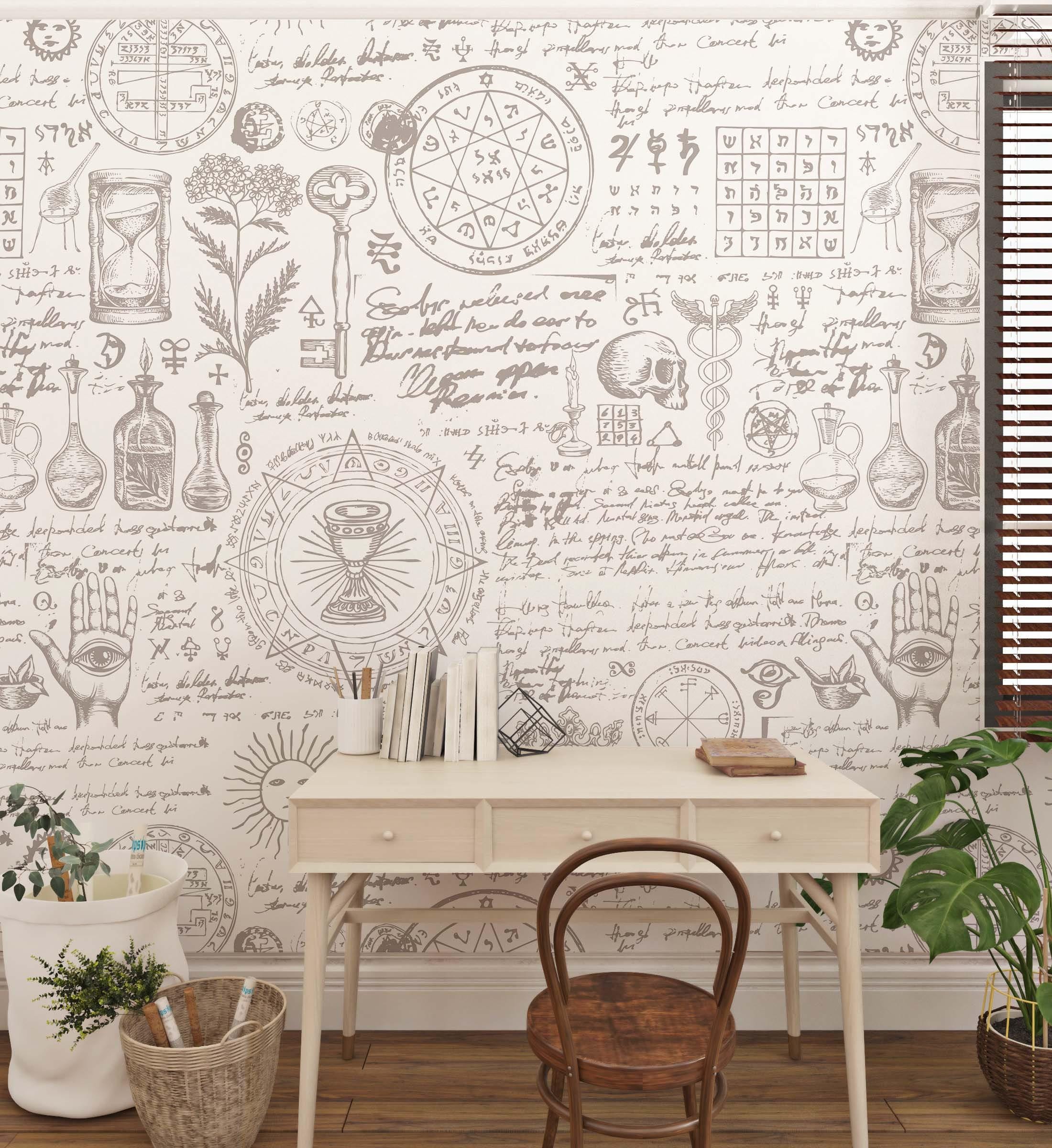Medicine, Alchemy and Herbal Theme White and Beige Wallpaper, DIY Peel ...