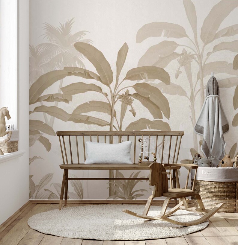 Sepia Tropical Wallpaper Mural for a Nursery Bedroom Decor. Peel and ...