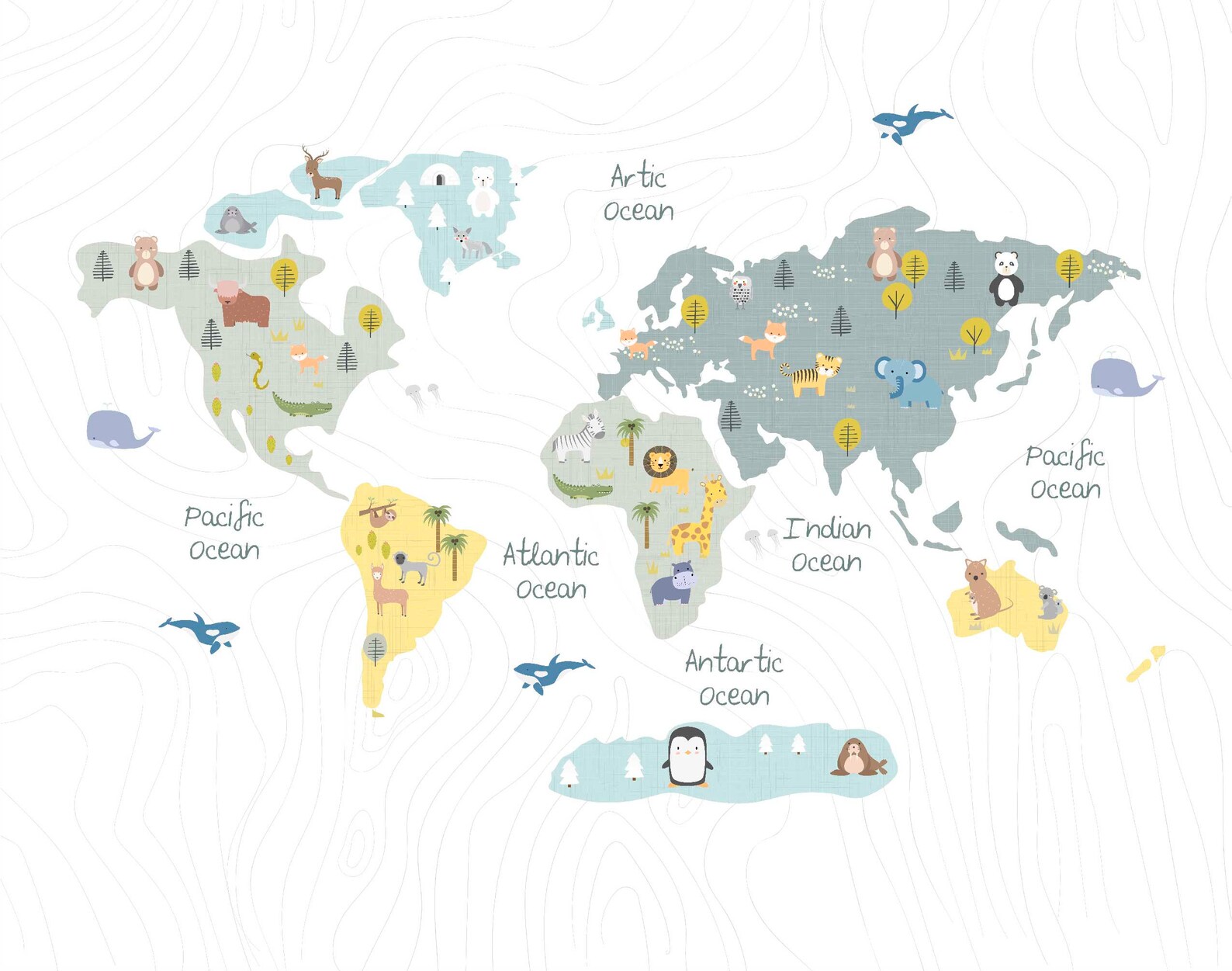 Animal World Map for Nursery Décor, DIY Peel and Stick Removable Map ...