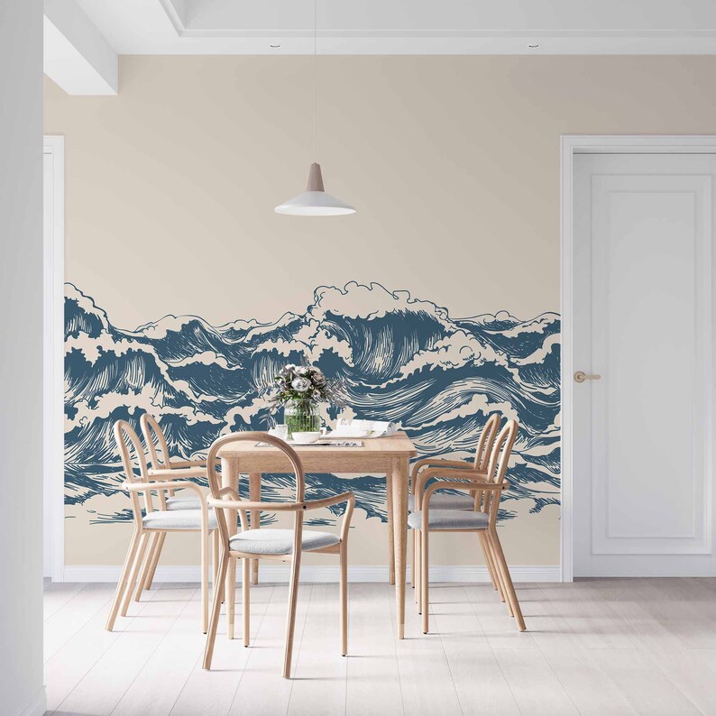 Japanese Art Mural Waves Illustration Wallpaper Peel and | Etsy