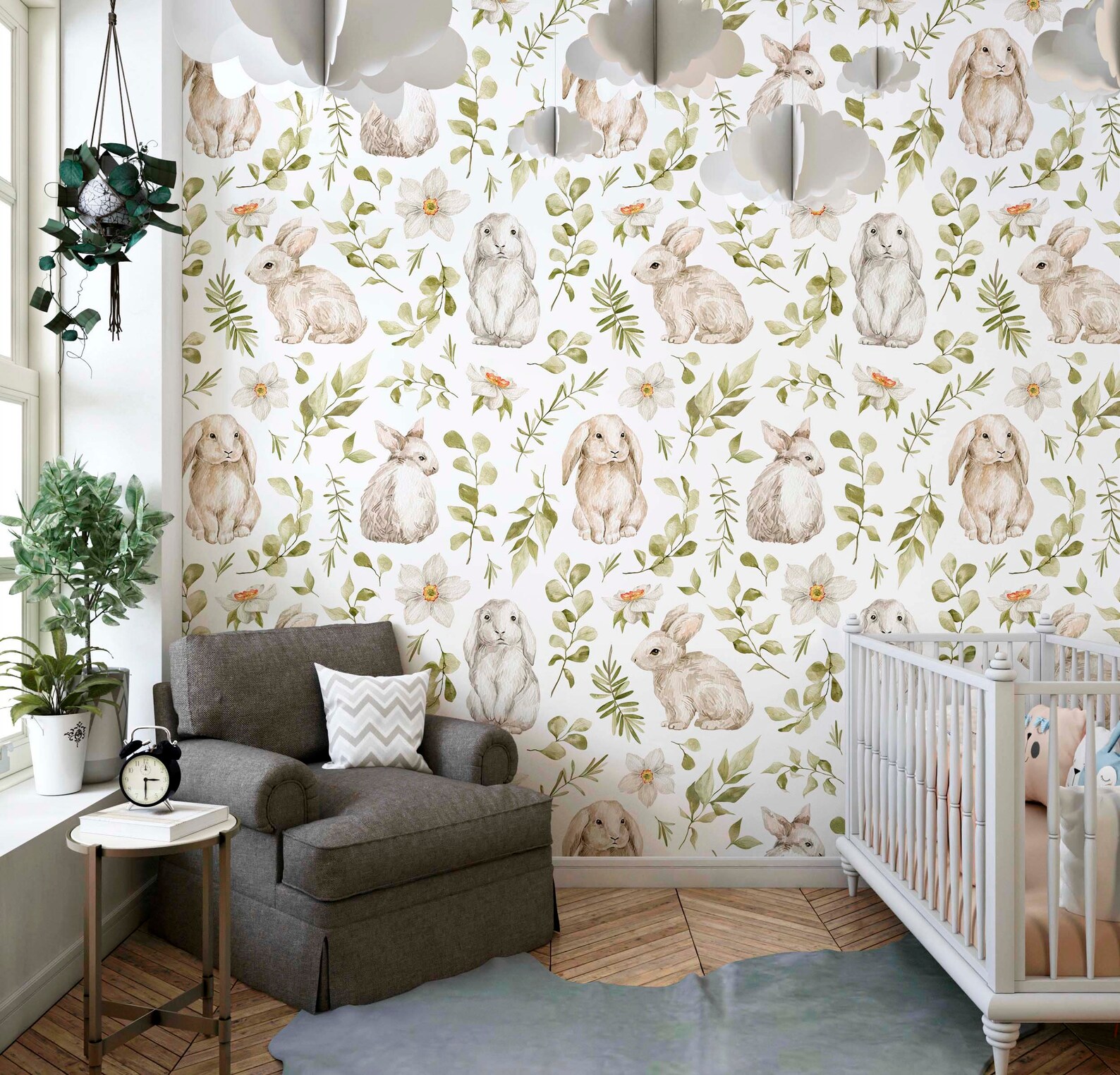 Cute Bunnies Nursery Wallpaper Pastel Colors Wall Décor DIY - Etsy