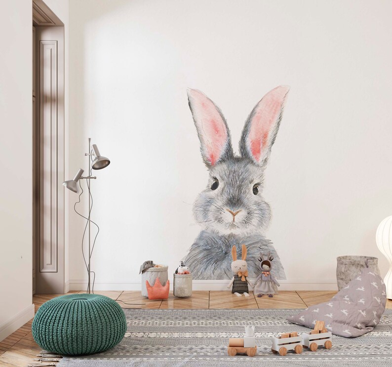Big Watercolor Rabbit Wall Mural for Nursery Décor in Peel and - Etsy