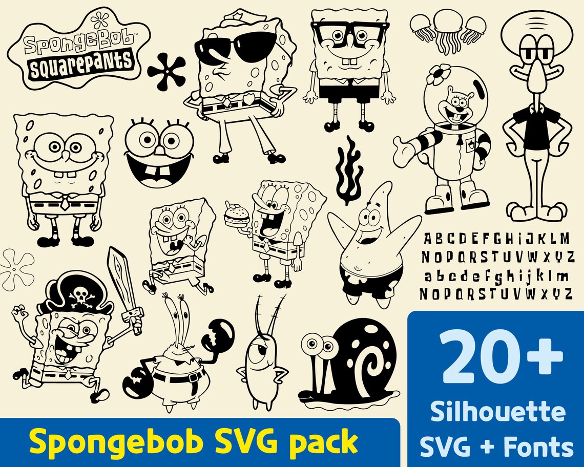 Spongebob SVG pack 20 spongebob squarepants character black | Etsy
