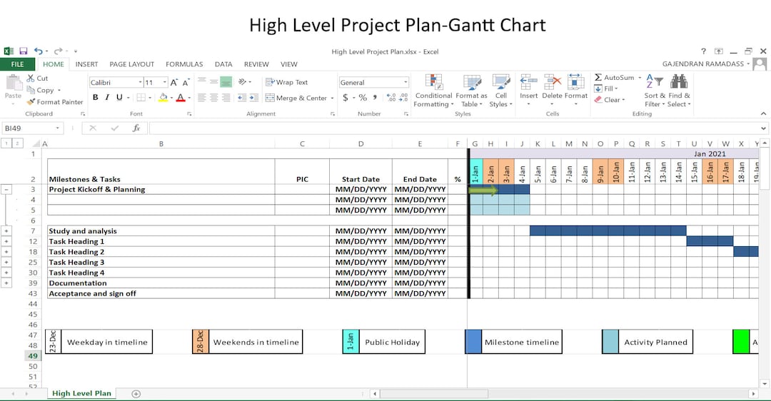 Excel Project Planner Gantt Chart -high Level Project Plan- Instant ...