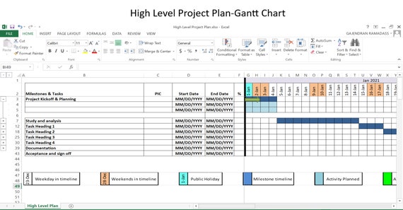 Excel Project Planner Gantt Chart high Level Project Plan | Etsy
