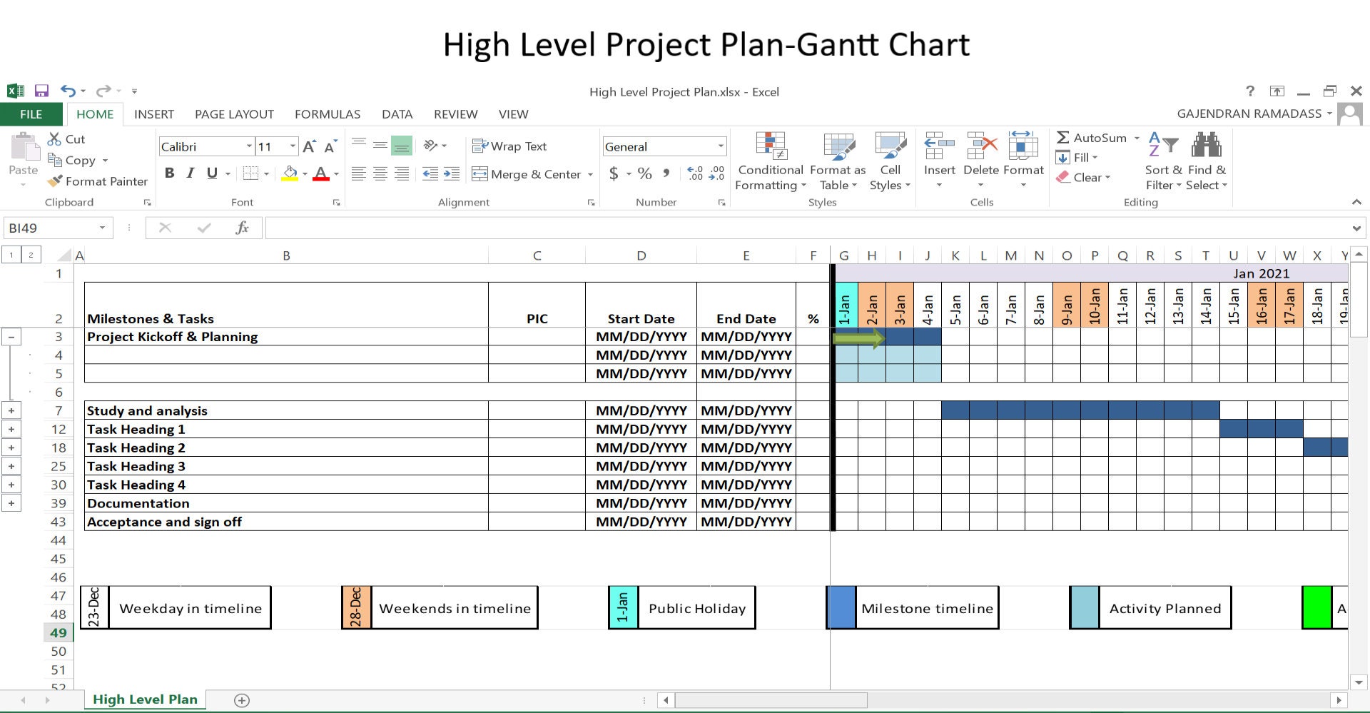 Excel Project Planner Gantt Chart High Level Project Plan Etsy Australia