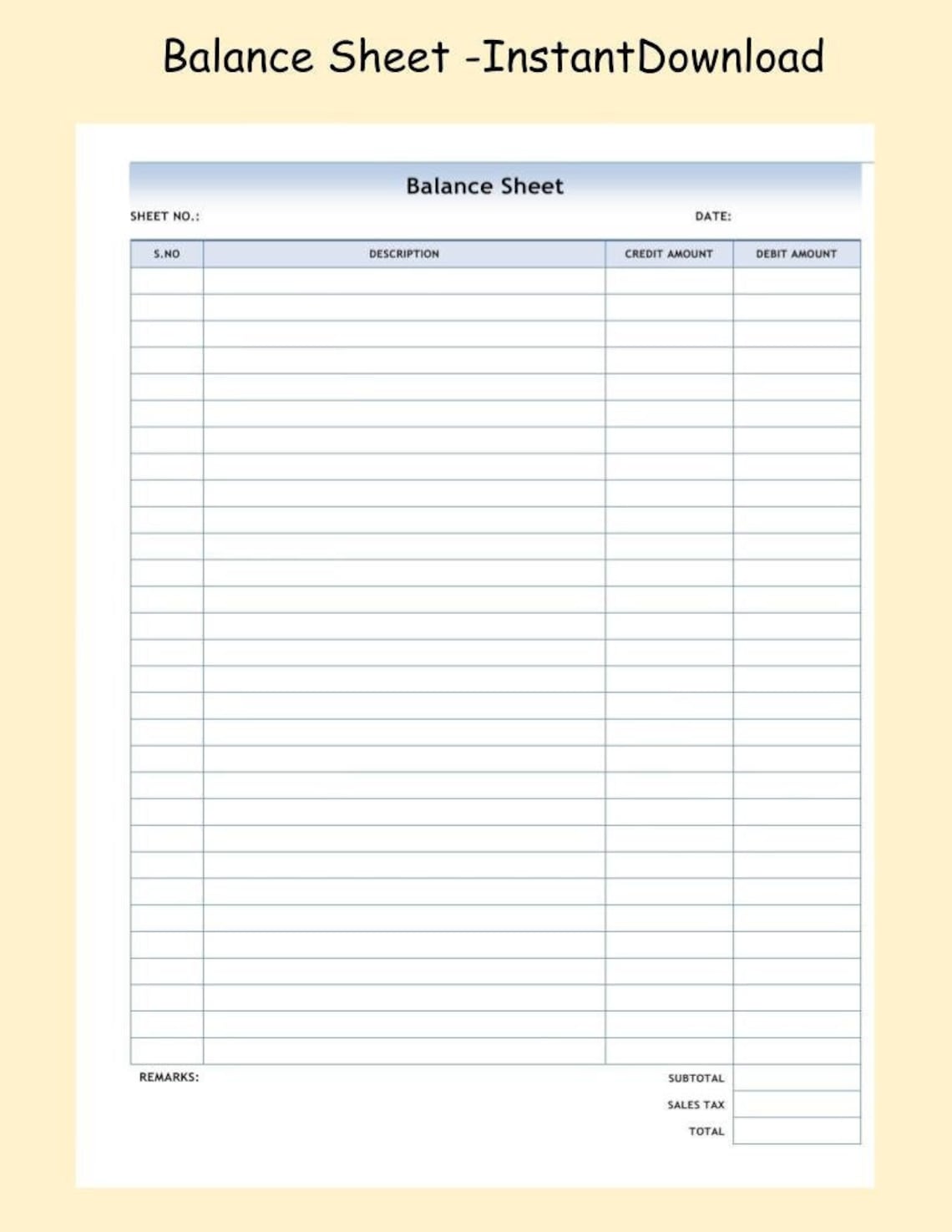 Printable Balance Sheet-ledger Sheet Small Business Accounting Form PDF ...