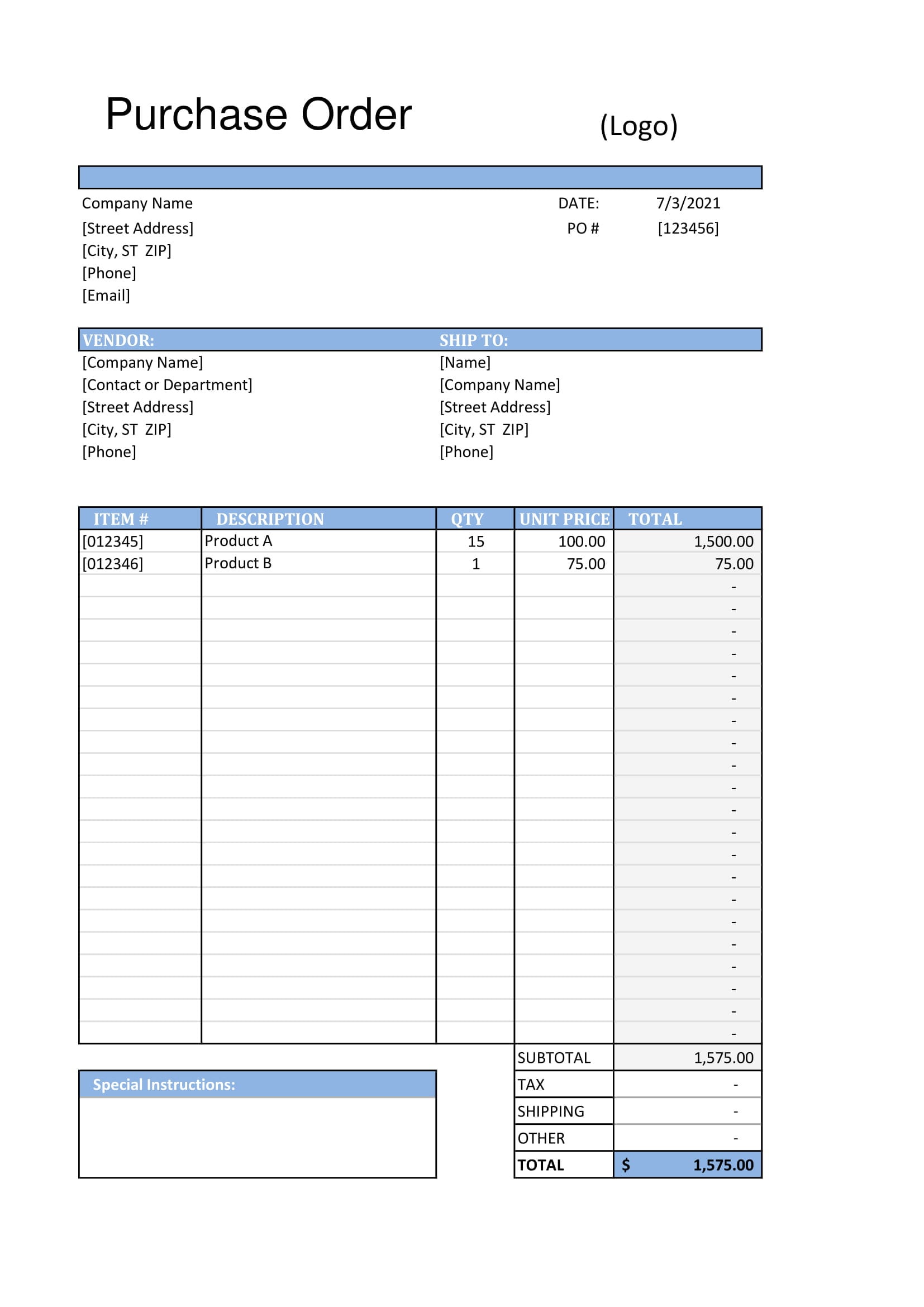 Editable Purchase Order Form-ms Excel-calculations-digital Product ...