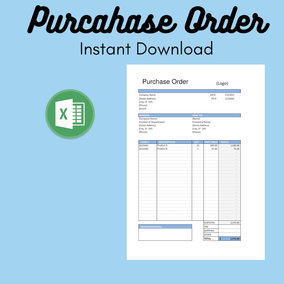 Editable Invoice Template-editable-ms Excel With Calculations-instant ...
