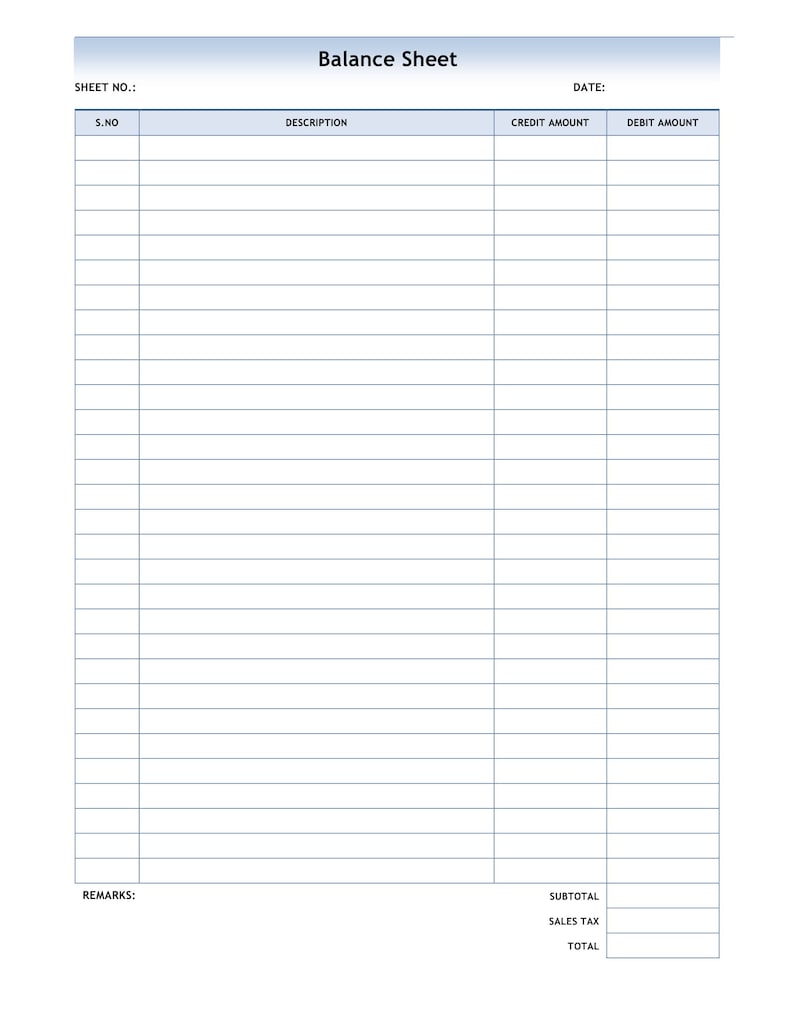 Printable Balance Sheet-ledger Sheet Small Business Accounting Form PDF ...