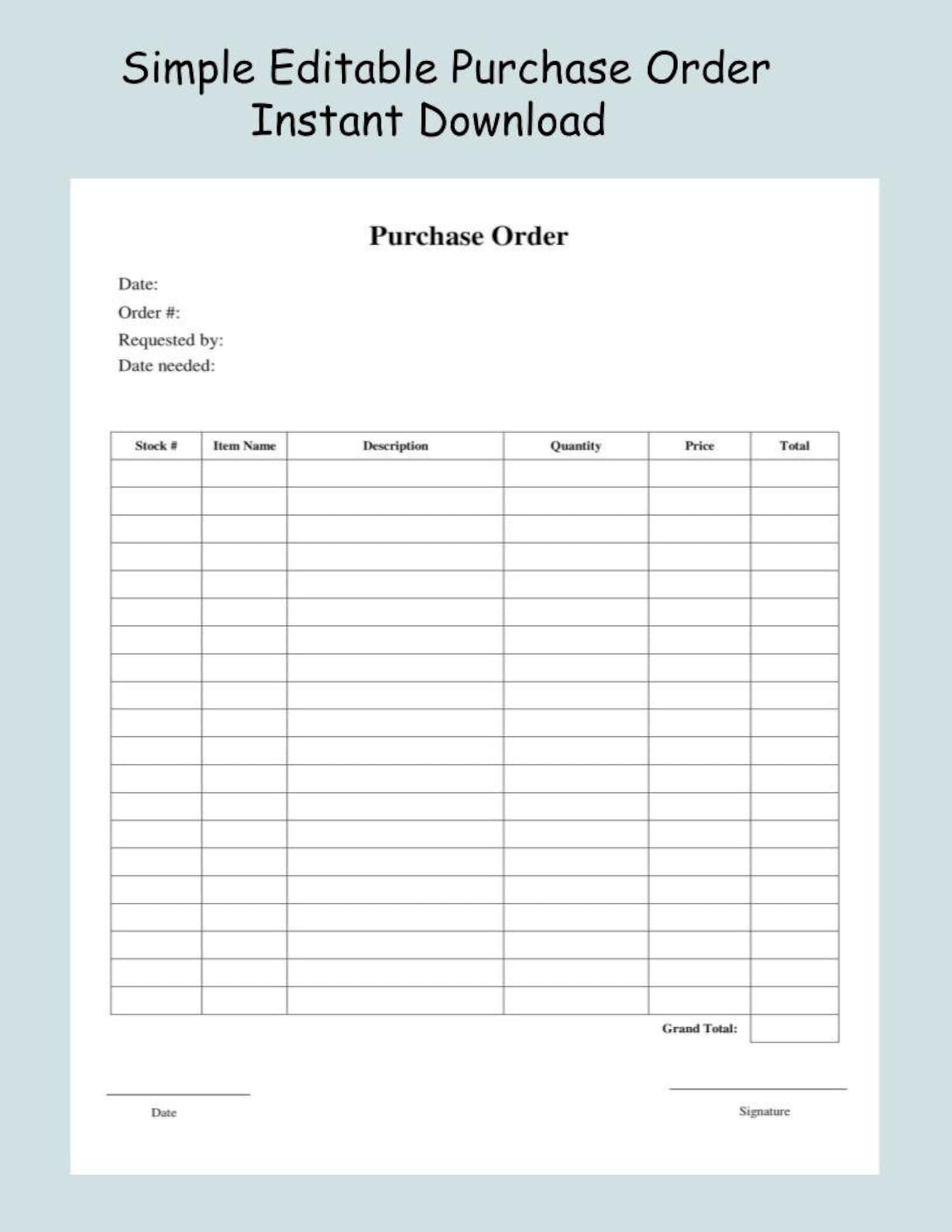 Simple Minimal Editable Purchase Order Form Template Downloadable ...