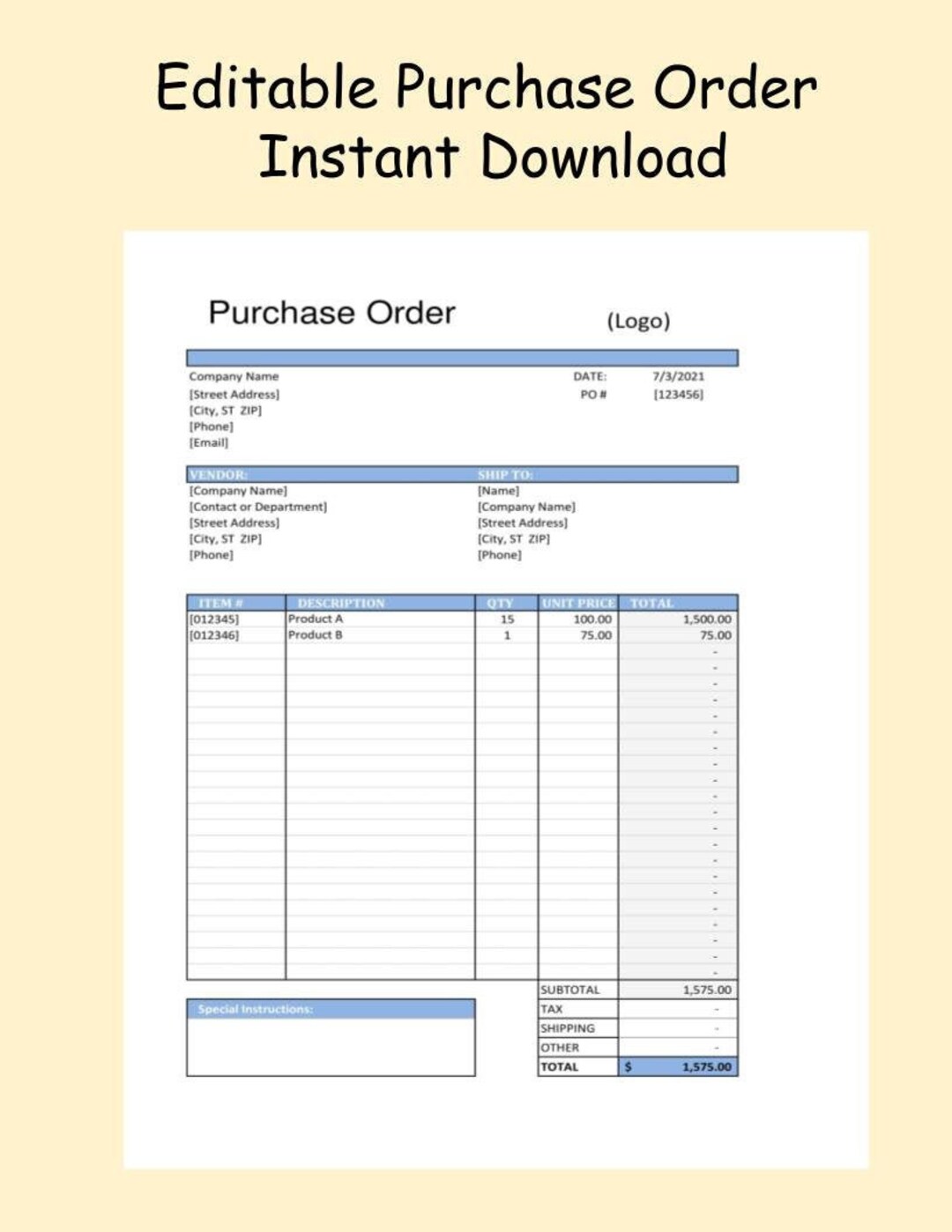 Editable Purchase Order Form-ms Excel-calculations-digital Product ...