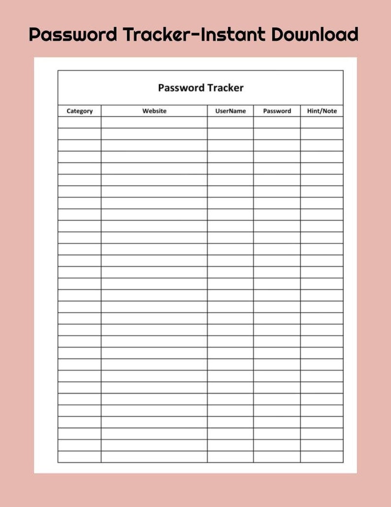 Password Tracker-printable PDF and Editable MS Excel Format With ...