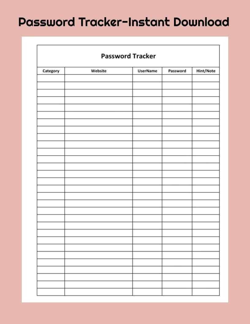 Password Tracker-printable PDF and Editable MS Excel Format With ...