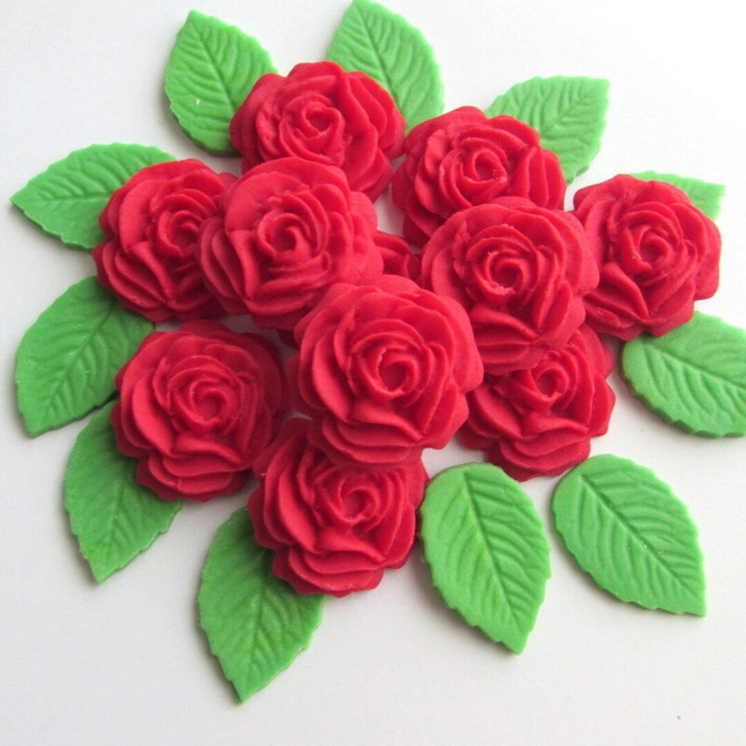 12 Red Roses & Leaves Flowers Edible Cake Topper Sugarcraft Wedding ...