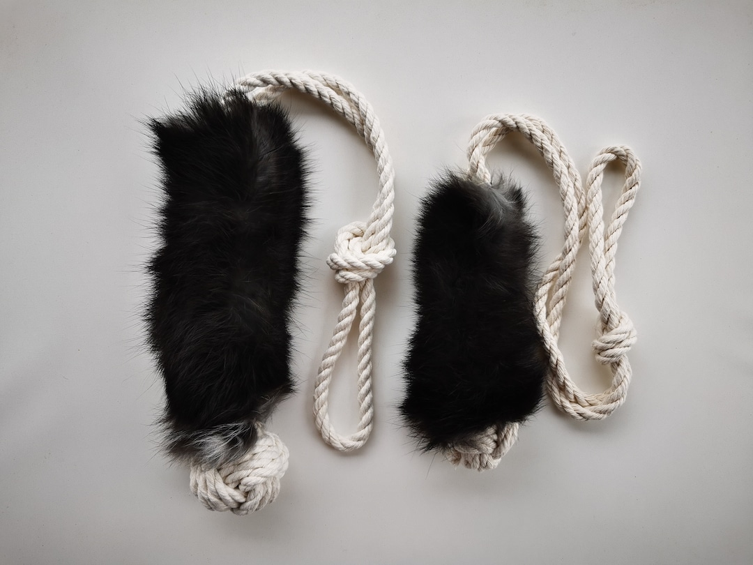 Real Rabbit Fur and Soft Cotton Rope Dog Tug Toy and Flirt Pole Chaser ...