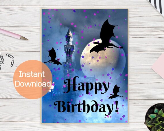 Happy Birthday Fantasy Card Printable Dragon Birthday Card - Etsy