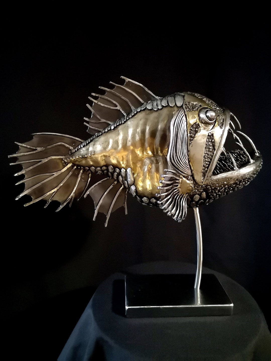 GOLD Fish.tabletop Sculpture of a Deep-sea Predatory Fish Made of Metal ...