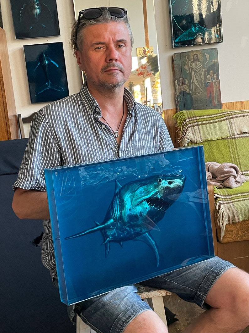 Hunter.modern Wall Bas-relief of a Metal Shark in the Ocean, Made of ...