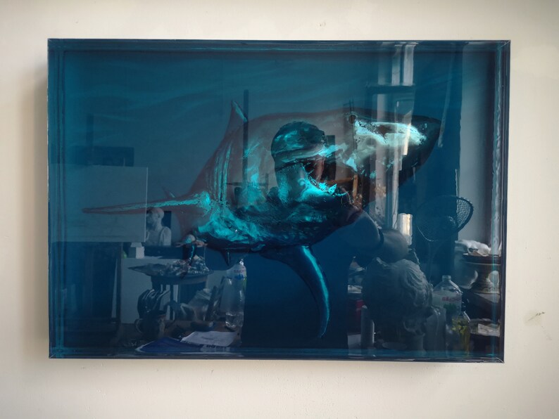 Hunter.modern Wall Bas-relief of a Metal Shark in the Ocean, Made of ...