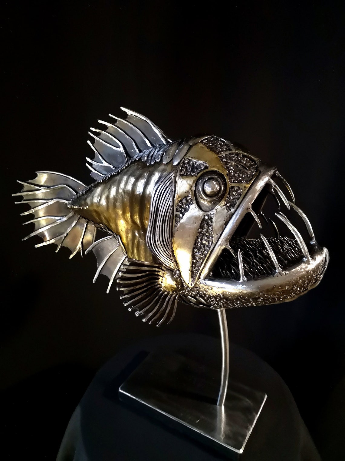 GOLD Fish.tabletop Sculpture of a Deep-sea Predatory Fish Made of Metal ...