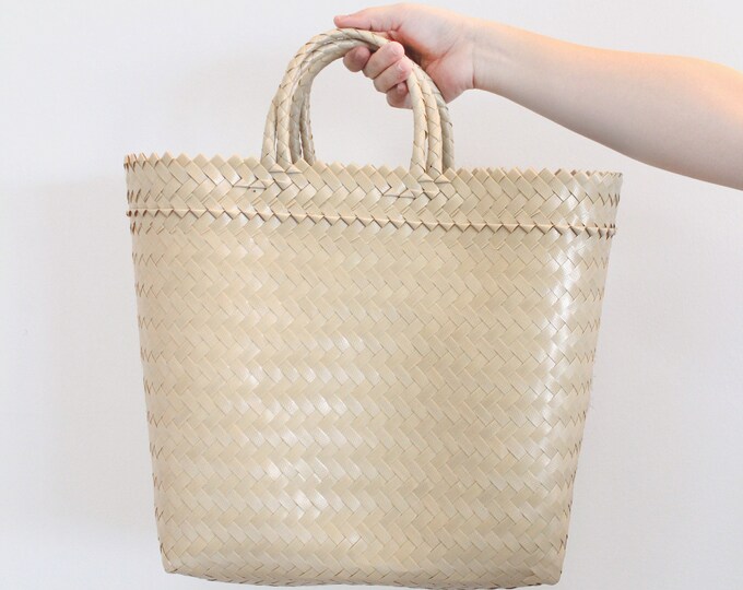 Hand Woven Plastic Tote Bag Plastic Beach Bag Picnic Basket Bag ...