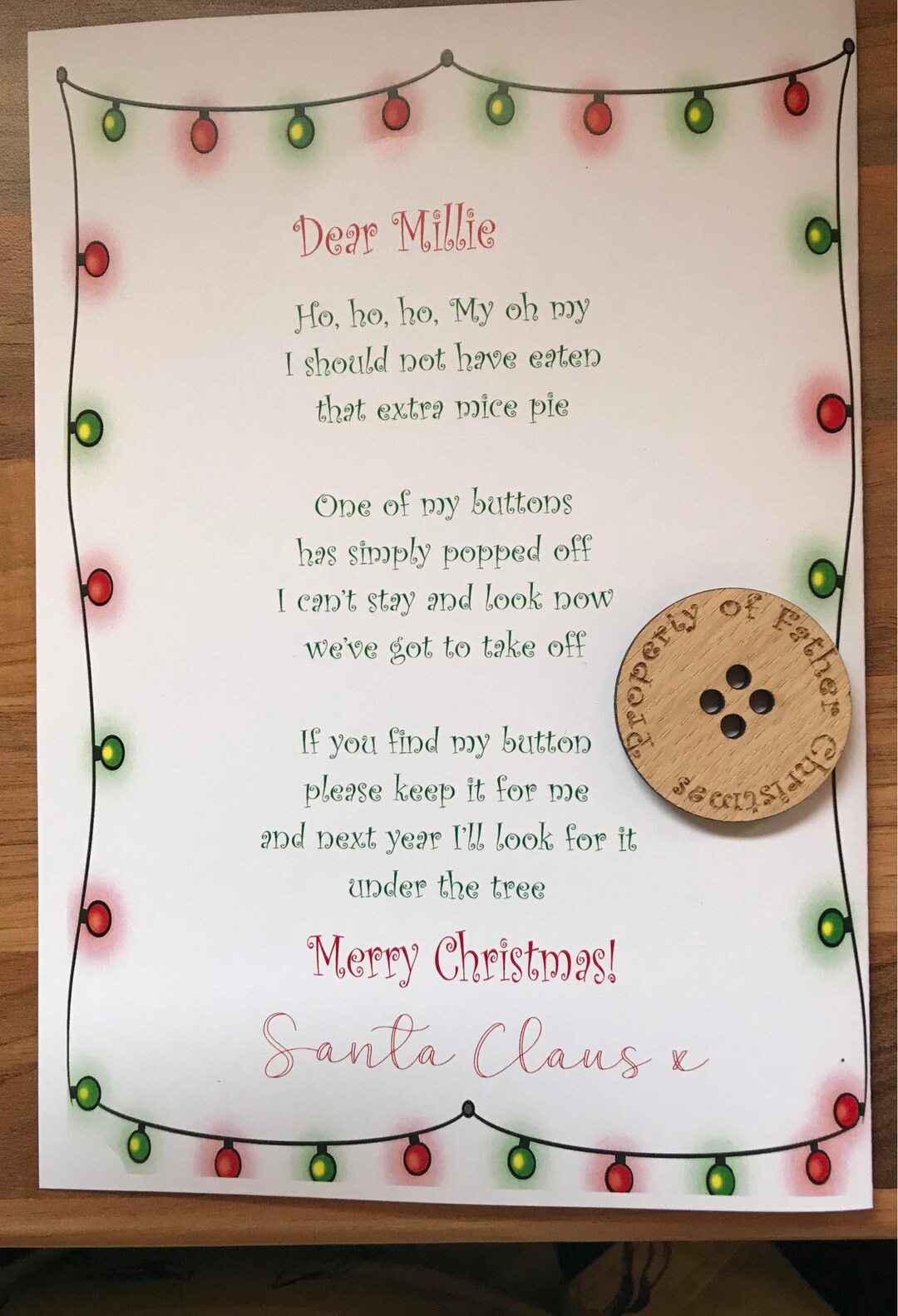 Santa's Button Child's Christmas Gift Santa Claus Letter and Button ...