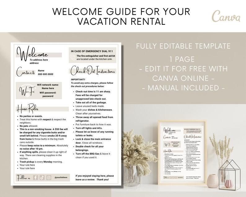 Airbnb 1 Page Welcome Sign | Check-out Instructions| House Rules ...