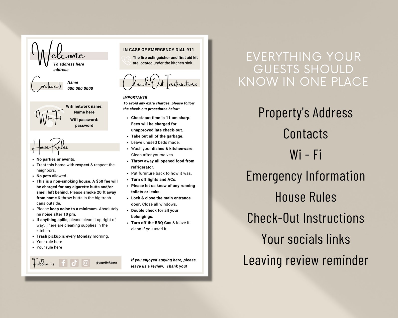 Airbnb 1 Page Welcome Sign | Check-out Instructions| House Rules ...