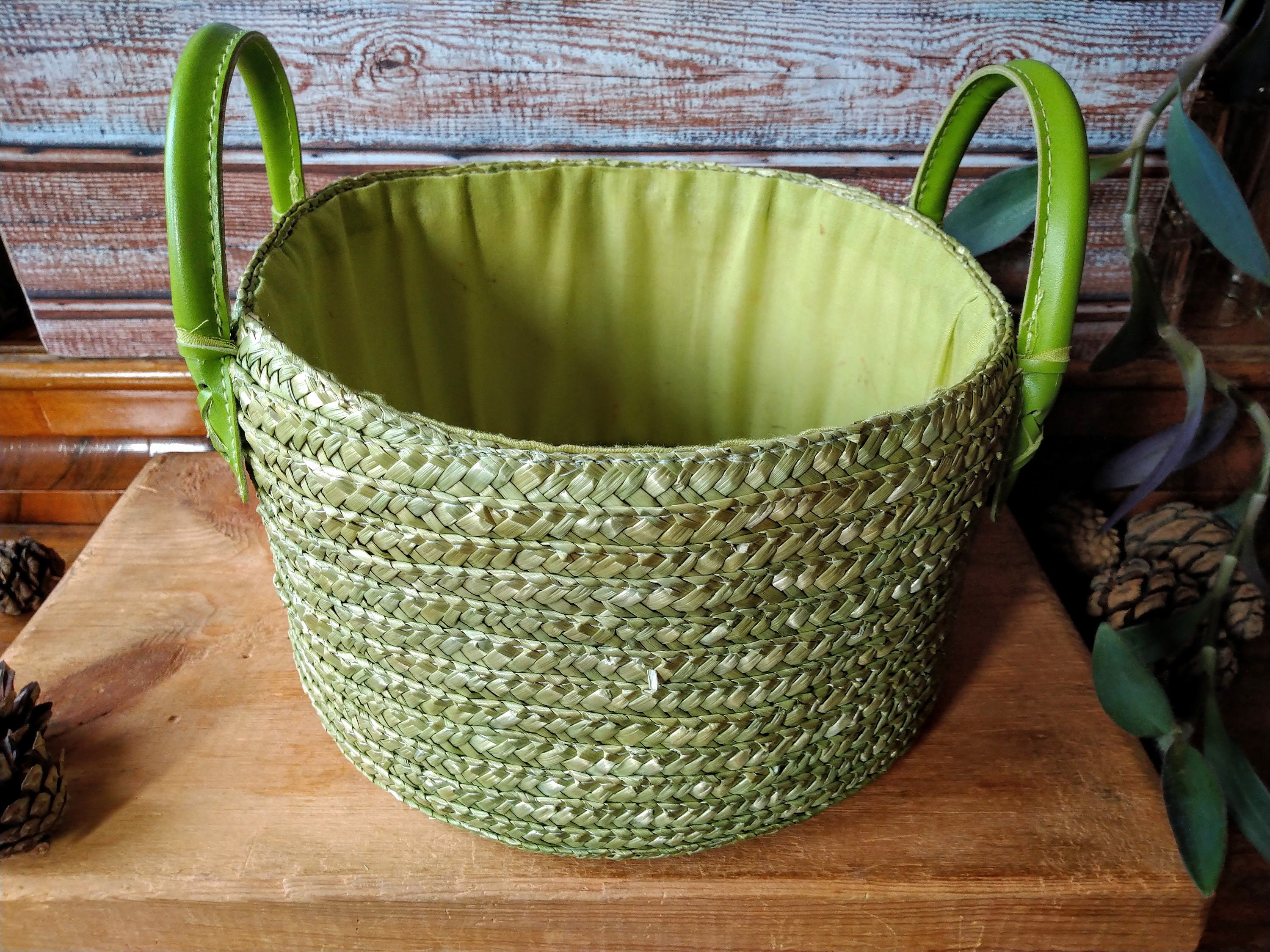 Vintage Oval Green Woven Basket With Fabric Liner and Handles - Etsy