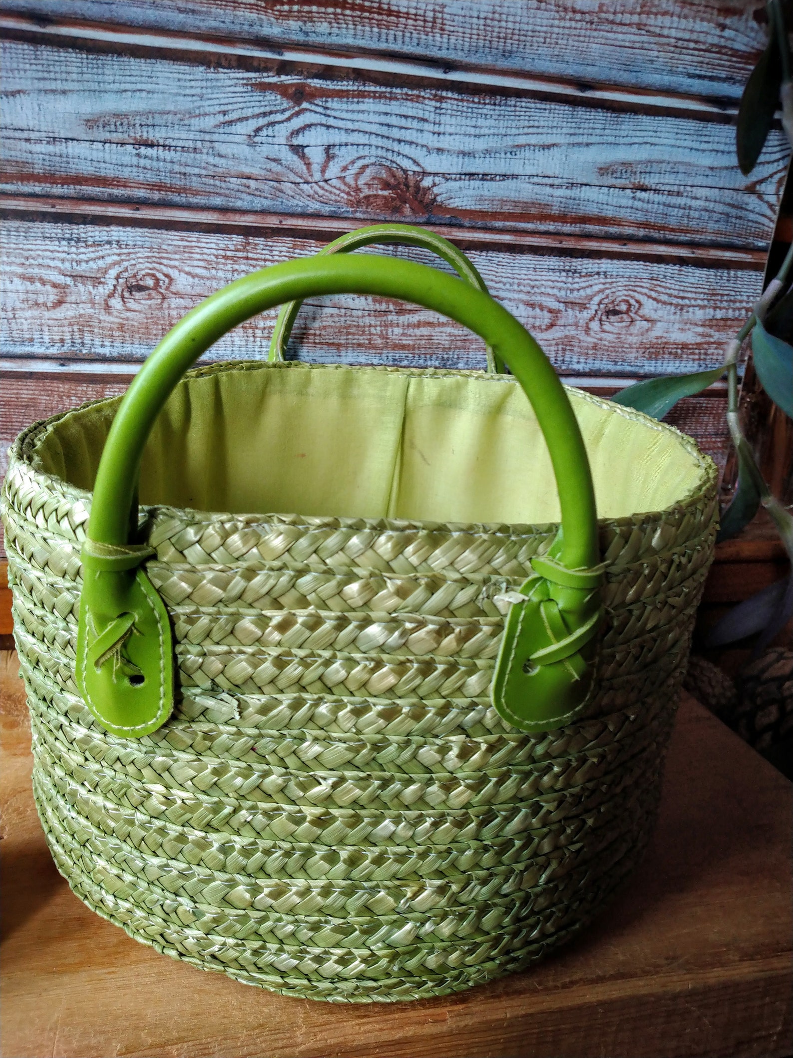 Vintage Oval Green Woven Basket With Fabric Liner and Handles - Etsy