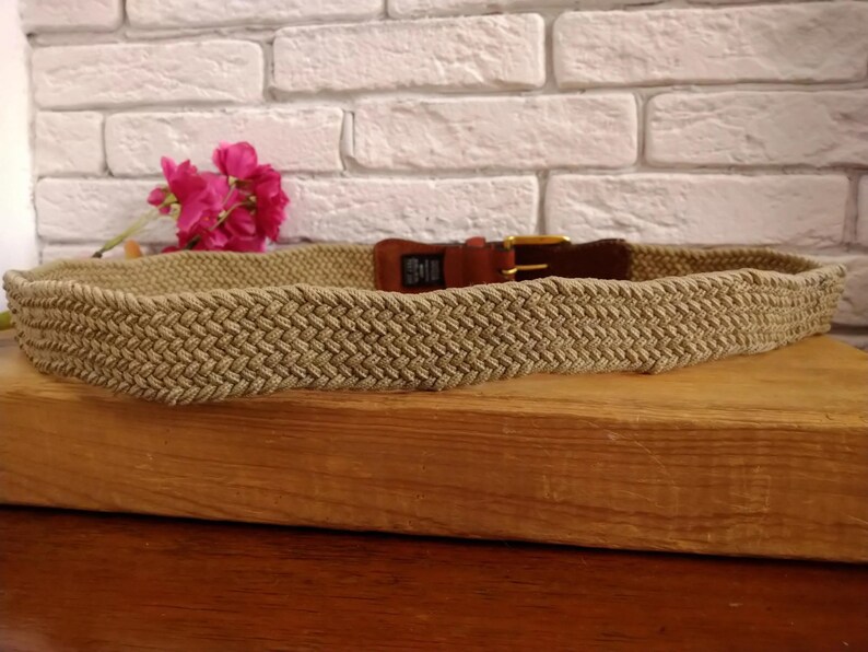 Vintage Man's Leather & Plaited Fabric Belt, Brown and Beige, Fits 37 ...