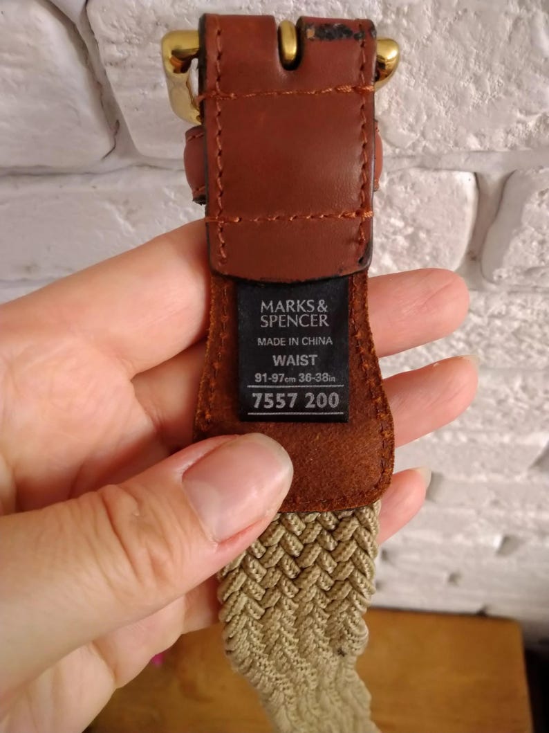Vintage Man's Leather & Plaited Fabric Belt, Brown and Beige, Fits 37 ...
